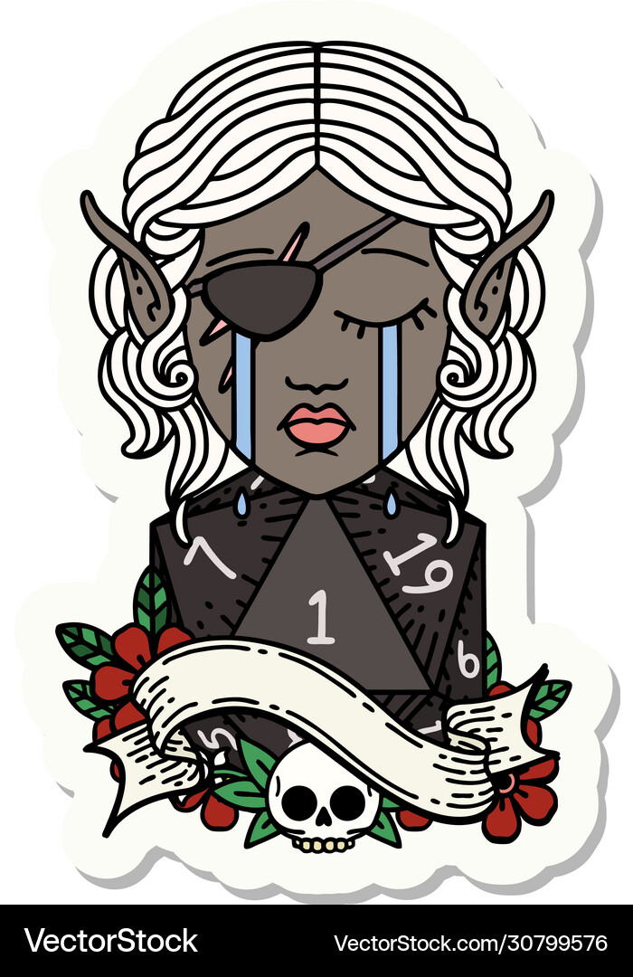 Sad elf rogue character face with natural one d20 Vector Image