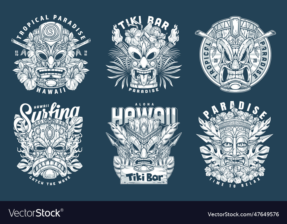 Tiki totems monochrome set emblems Royalty Free Vector Image