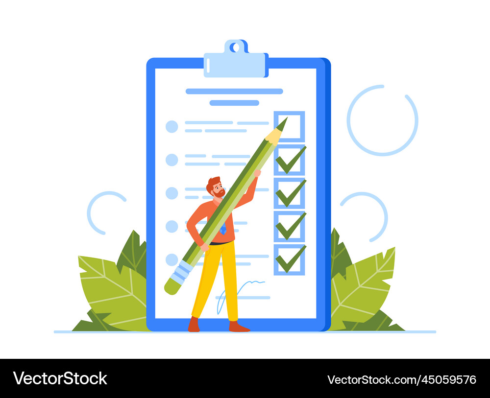 Tiny male character filling huge form putting tick