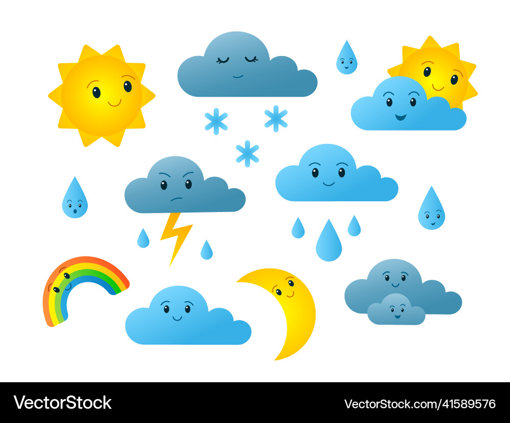 Weather characters cute cartoon clouds sun Vector Image