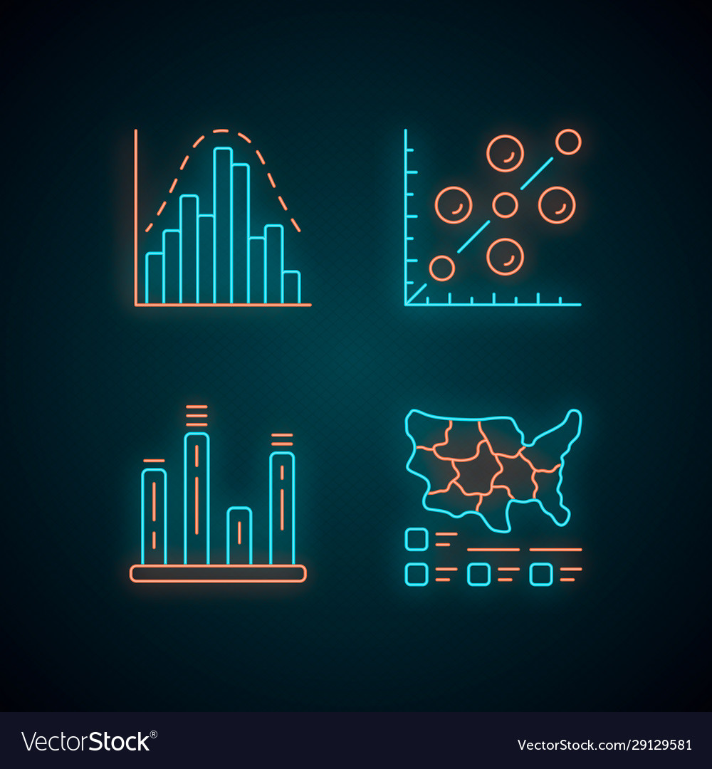 Diagrams neon light icons set histogram bar graph Vector Image