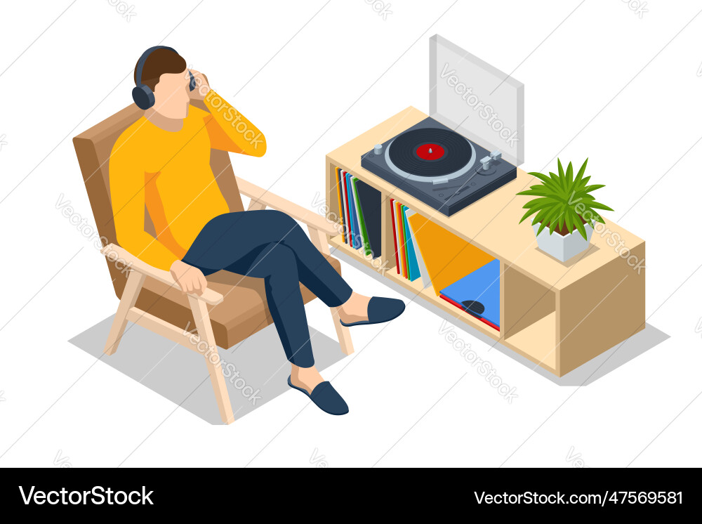 Isometric vinyl lp record player isolated on white