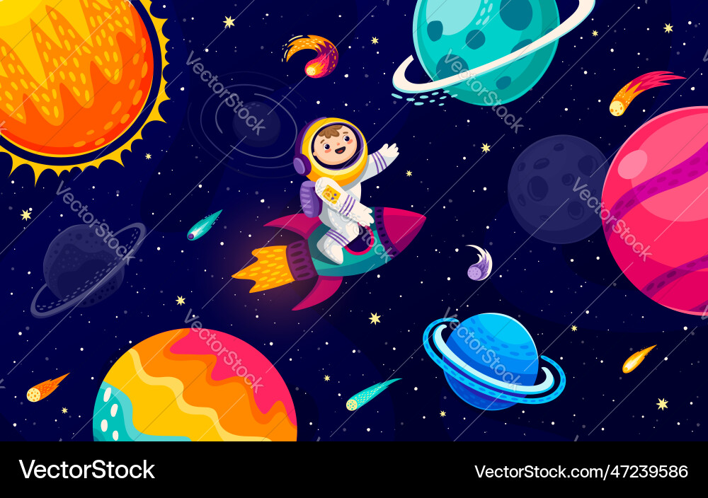 Cartoon astronaut on rocket in starry galaxy Vector Image