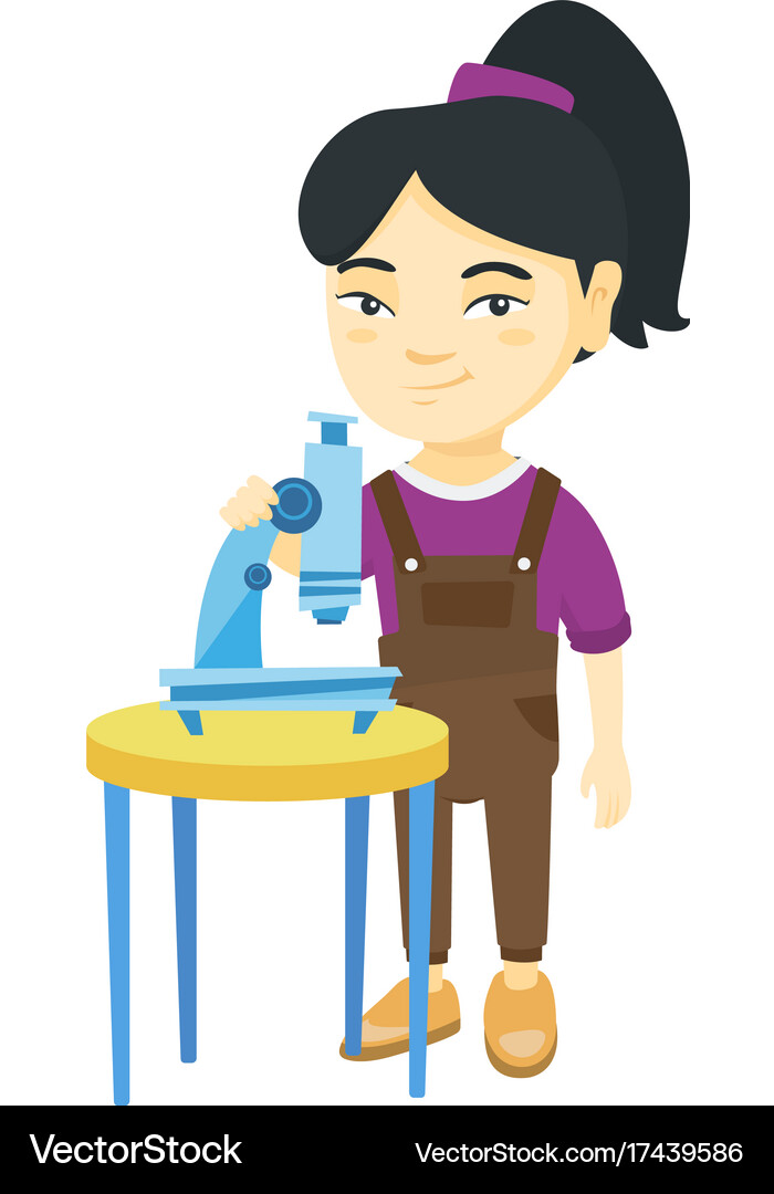 Little asian schoolgirl using a microscope Vector Image