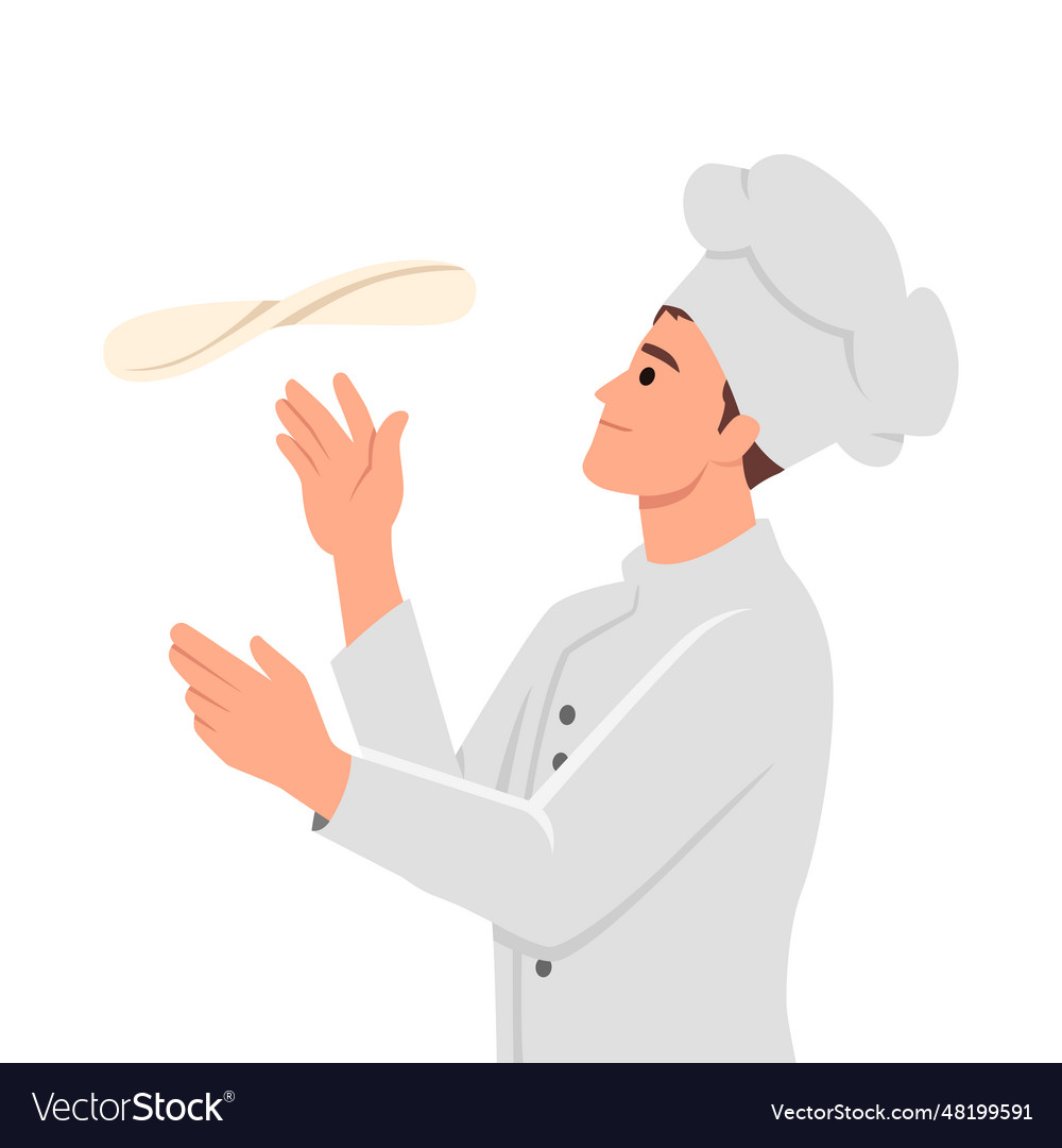 Chef in the uniform spinning pizza dough on the Vector Image