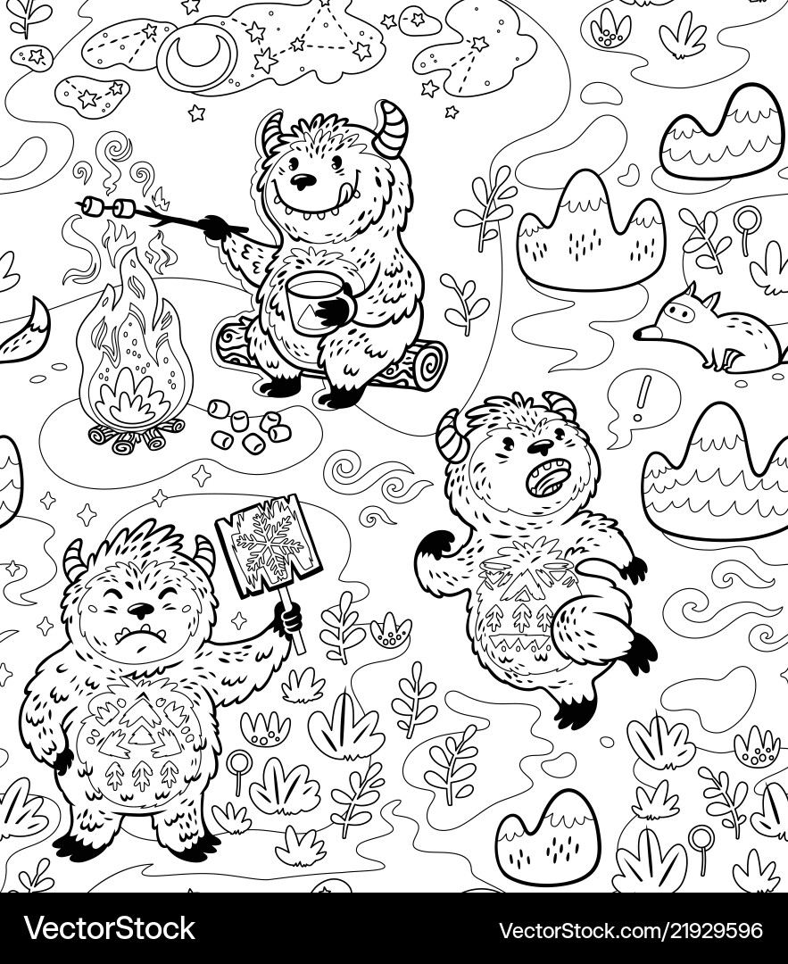 Busy yetie seamless pattern in contour cartoon Vector Image