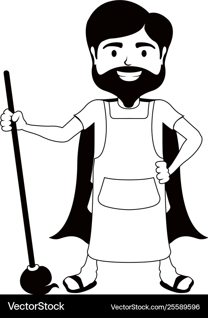 Monochrome character super dad cleaner with a mop Vector Image
