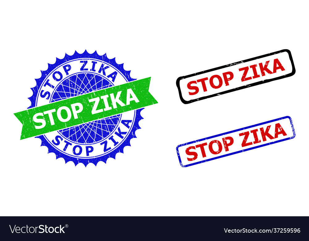 Stop zika rosette and rectangle bicolor stamps Vector Image