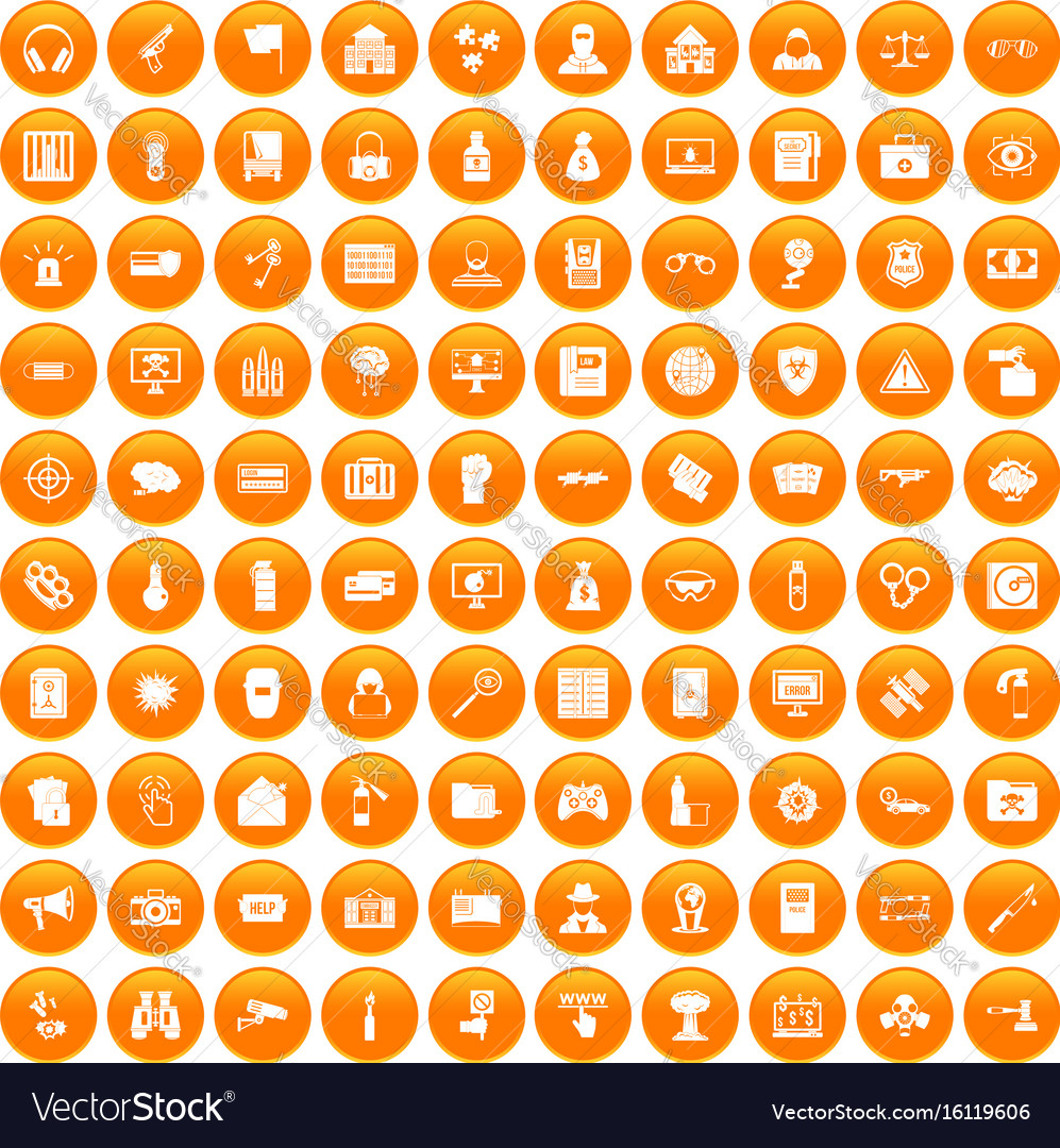 100 hacking icons set orange Royalty Free Vector Image
