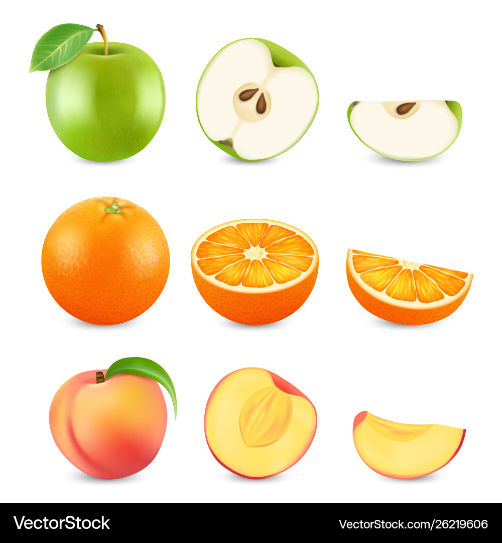 Realistic cut fruits isolated on white background Vector Image