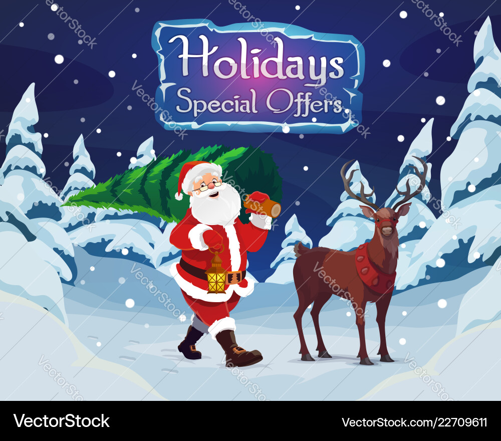 Santa with a christmas tree and a deer Royalty Free Vector