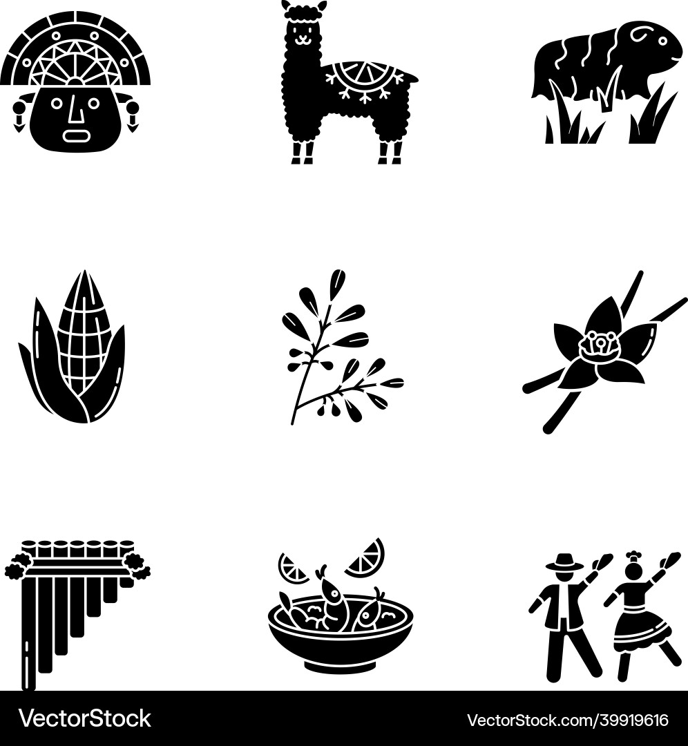 Peru black glyph icons set on white space Vector Image
