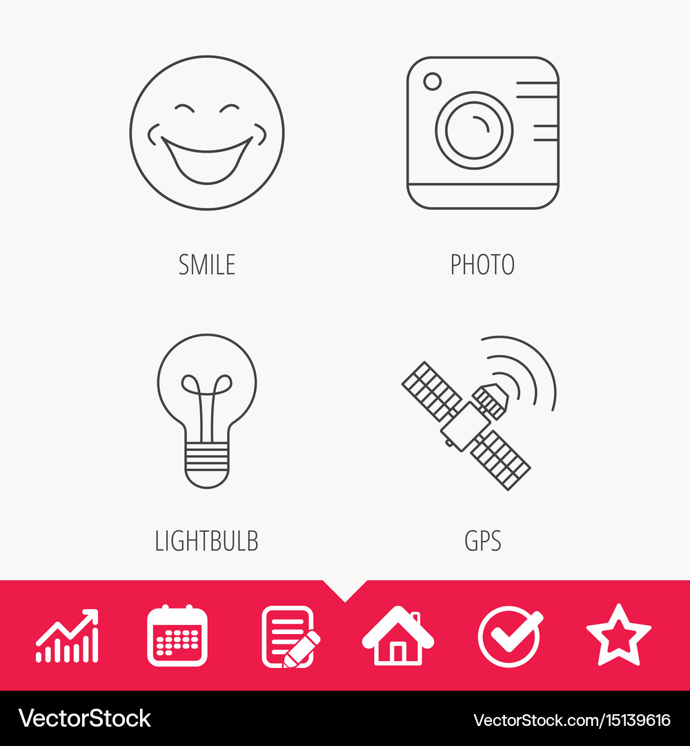 Smiling face photo camera and lightbulb icons Vector Image