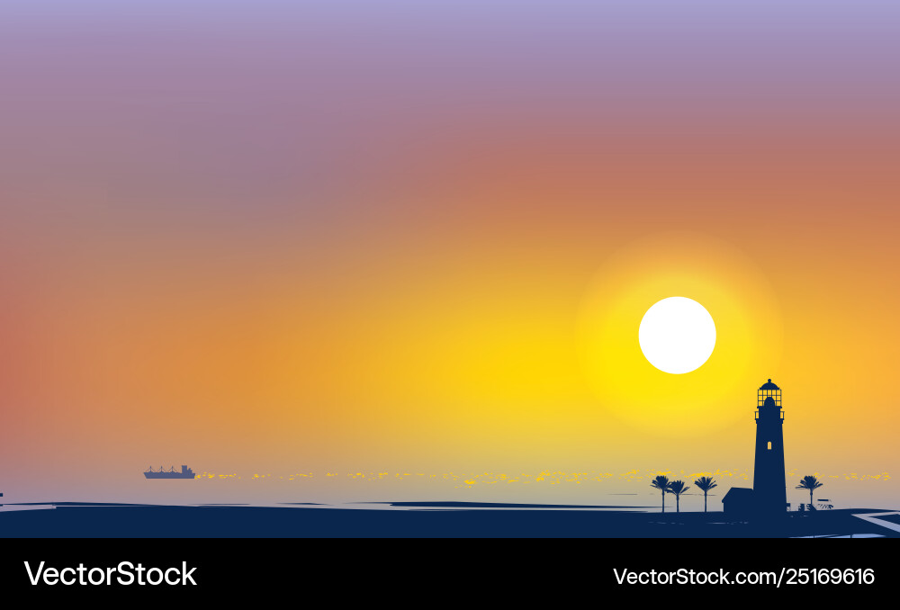 Tropical seascape with lighthouse palms and ship Vector Image