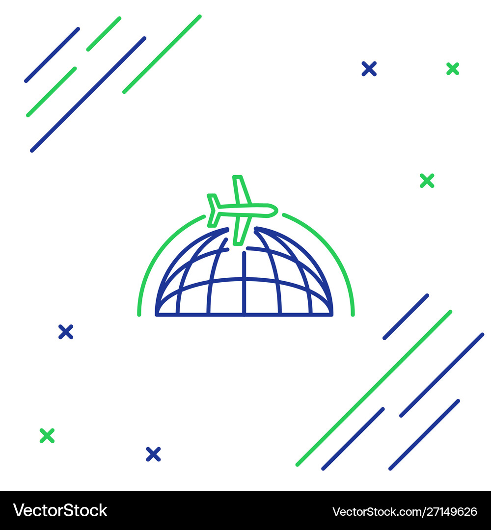Blue and green line globe with flying plane icon Vector Image