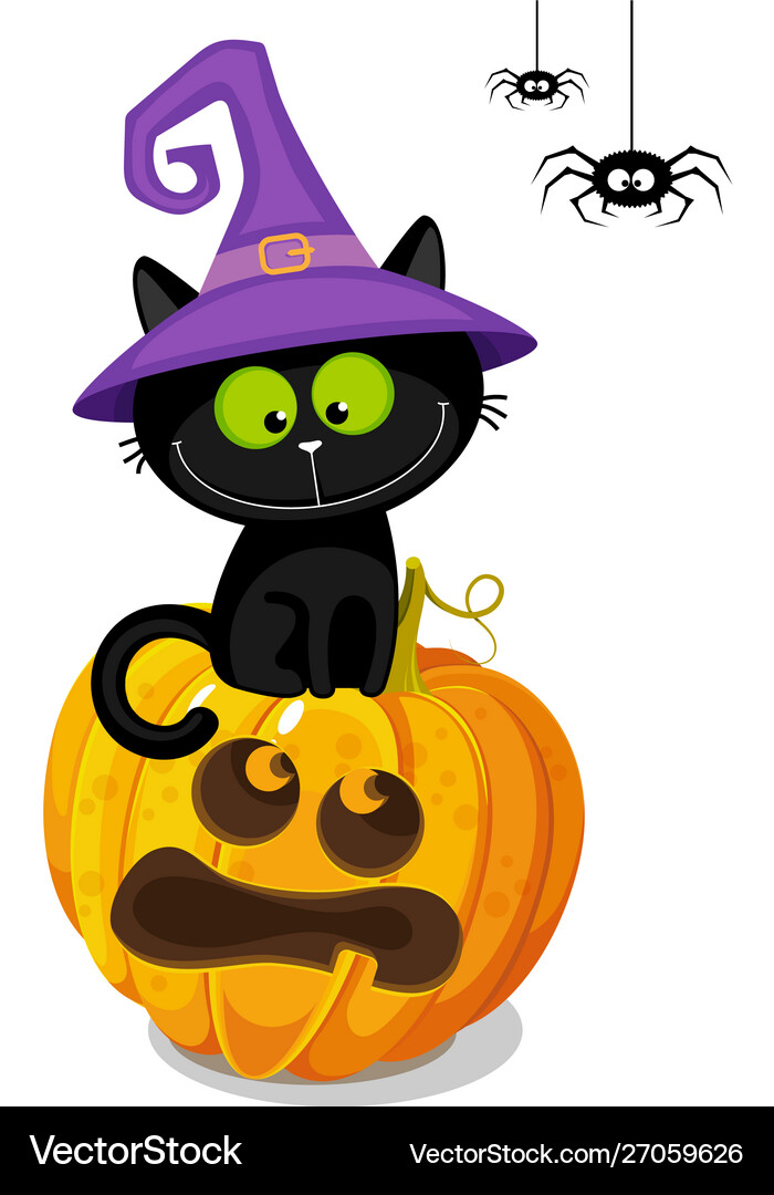 Cute black cat in a witch hat is sitting Vector Image