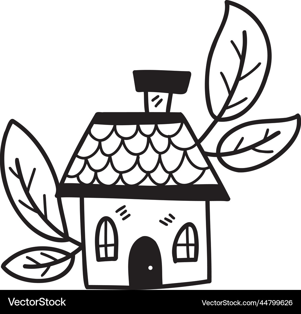 Hand drawn cute house and leaves Royalty Free Vector Image