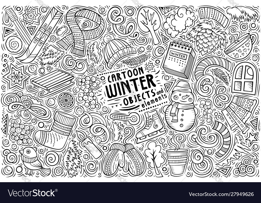 Hand drawn doodle cartoon set winter Royalty Free Vector
