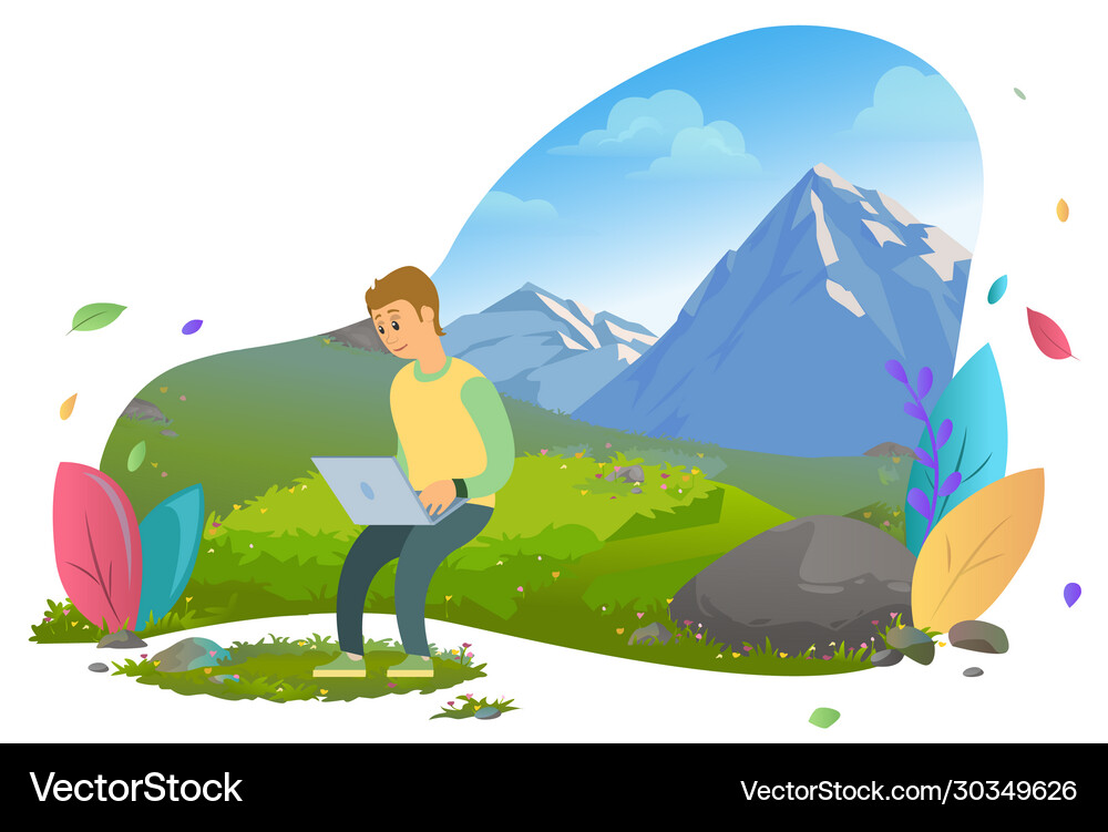 Man freelance worker sitting with laptop nature Vector Image
