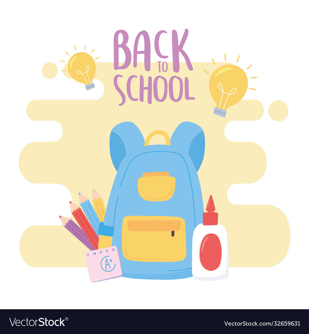 Back to school backpack glue color pencils study Vector Image