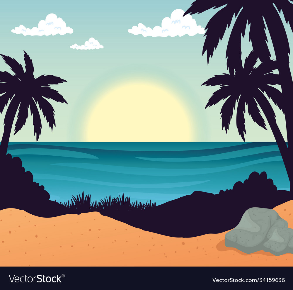 Beach with palm trees stones and sea design Vector Image