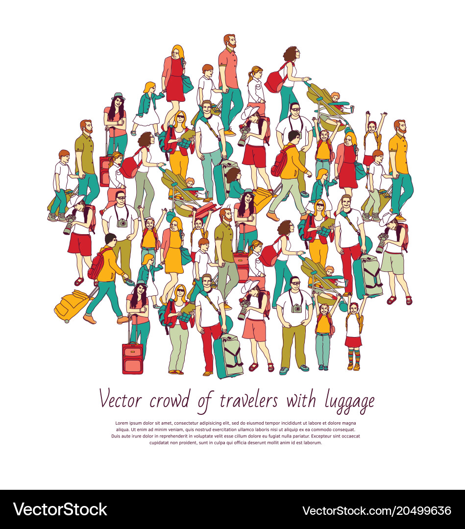 Big group travelers with luggage isolate on white Vector Image