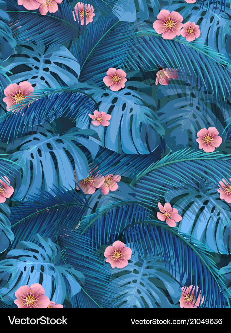 Seamless background tropical leaves in blue Vector Image
