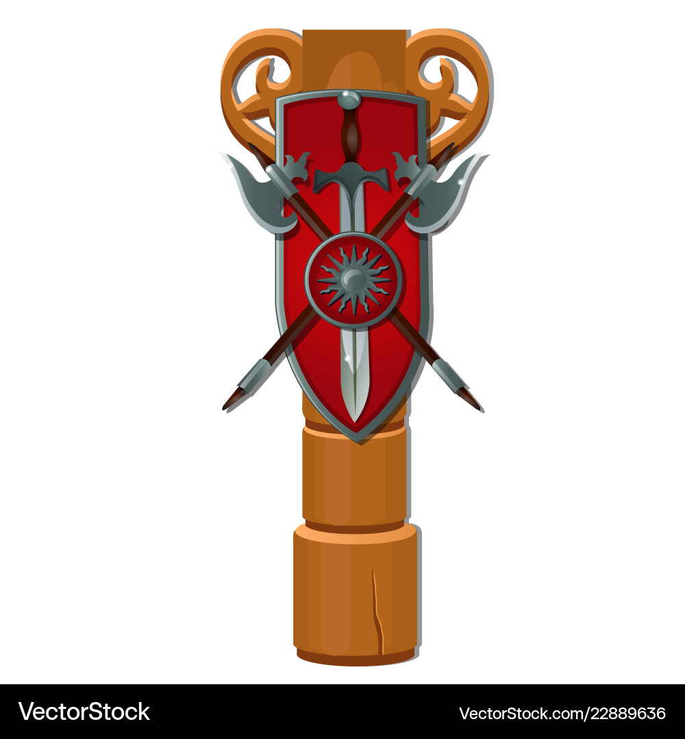 Wooden pole with a shield a sword and two sharp Vector Image