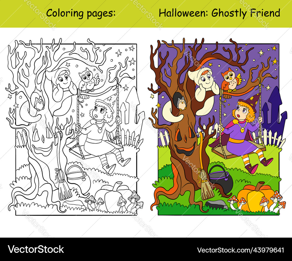 Coloring and color halloween witch and ghost Vector Image