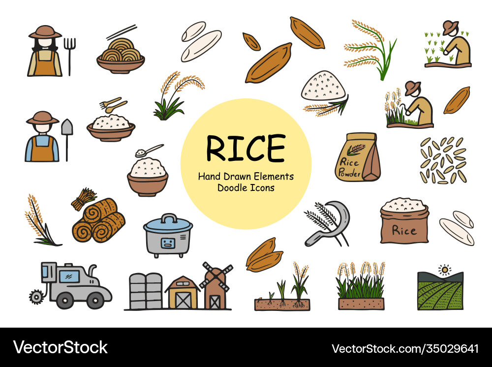 Rice icon set hand drawn doodle icons Royalty Free Vector