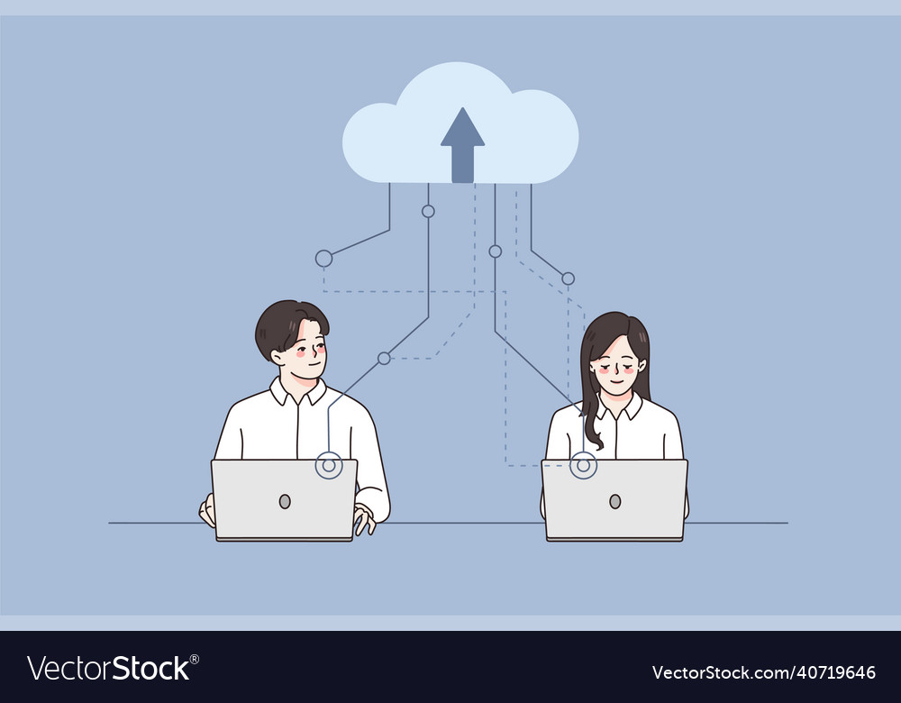 Businesspeople work on computers using cloud Vector Image