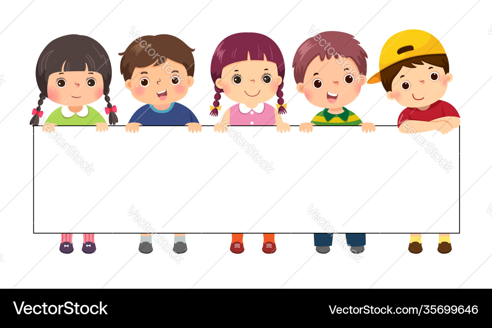 Kids standing behind blank sign banner Royalty Free Vector
