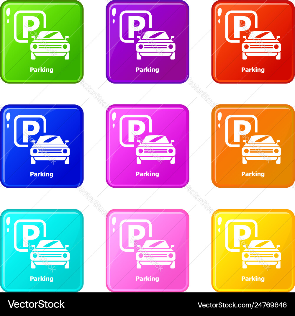 Parking icons set 9 color collection Royalty Free Vector