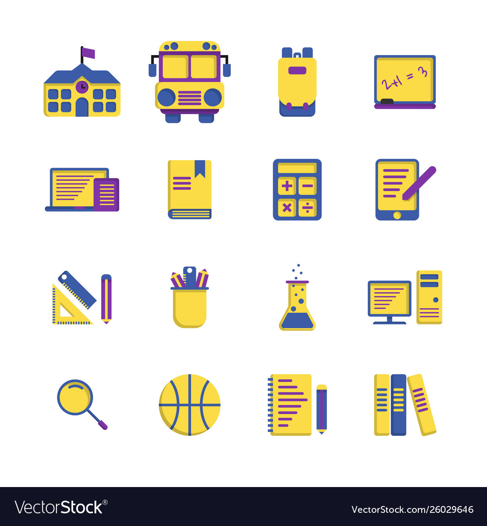 School elements flat icon set on white background Vector Image