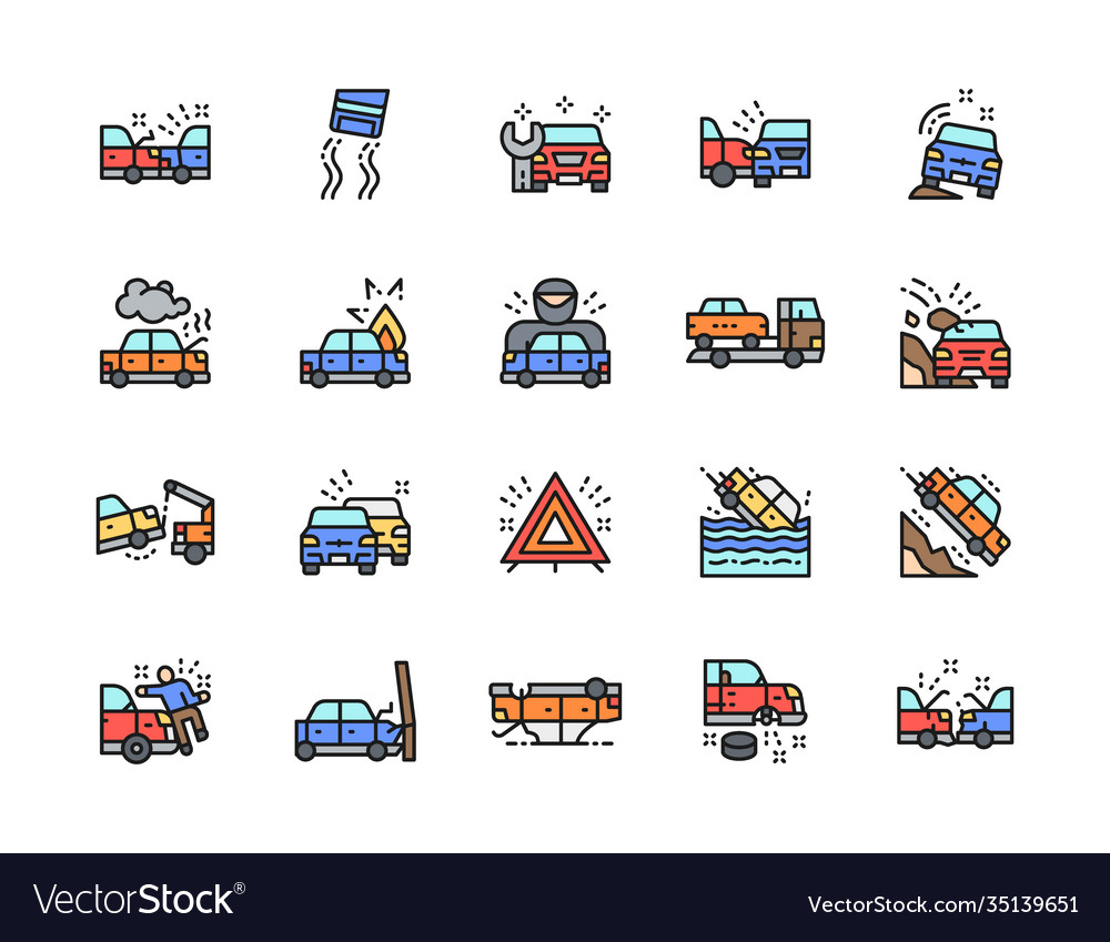 Set car accidents flat color line icons car Vector Image