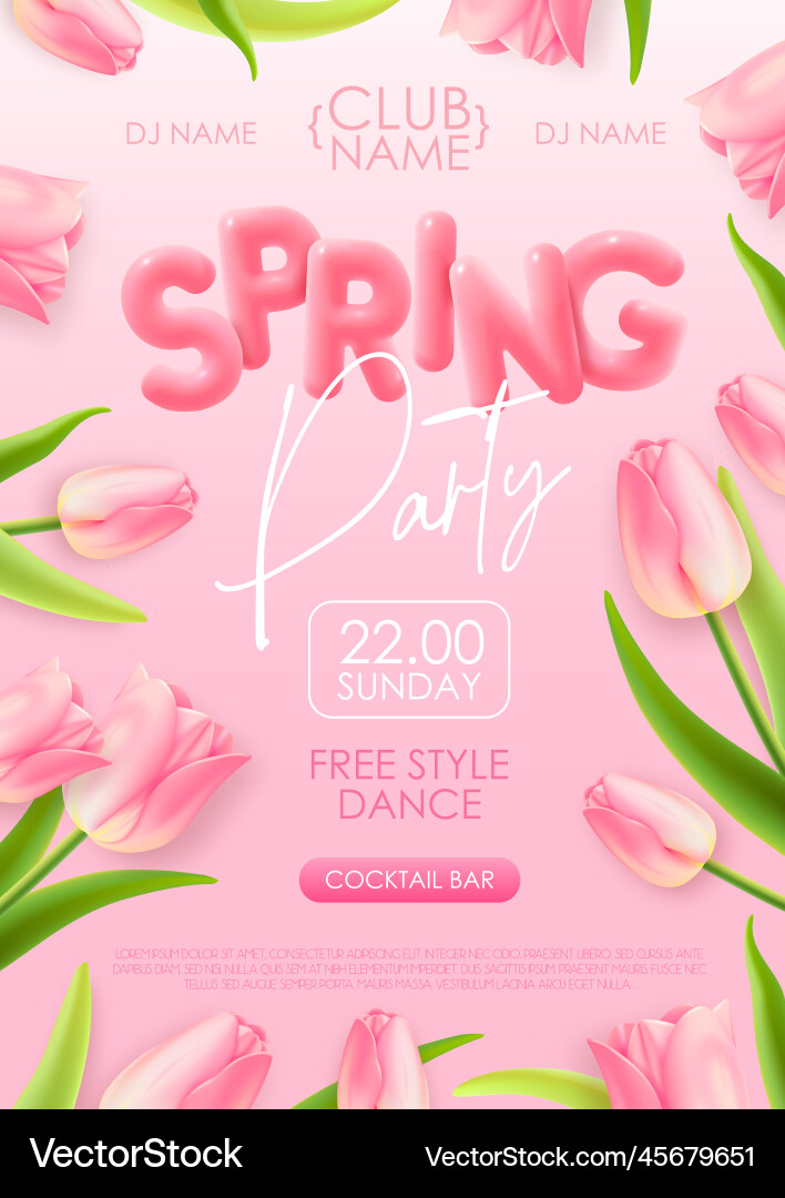 Spring disco party poster with realistic tulips Vector Image