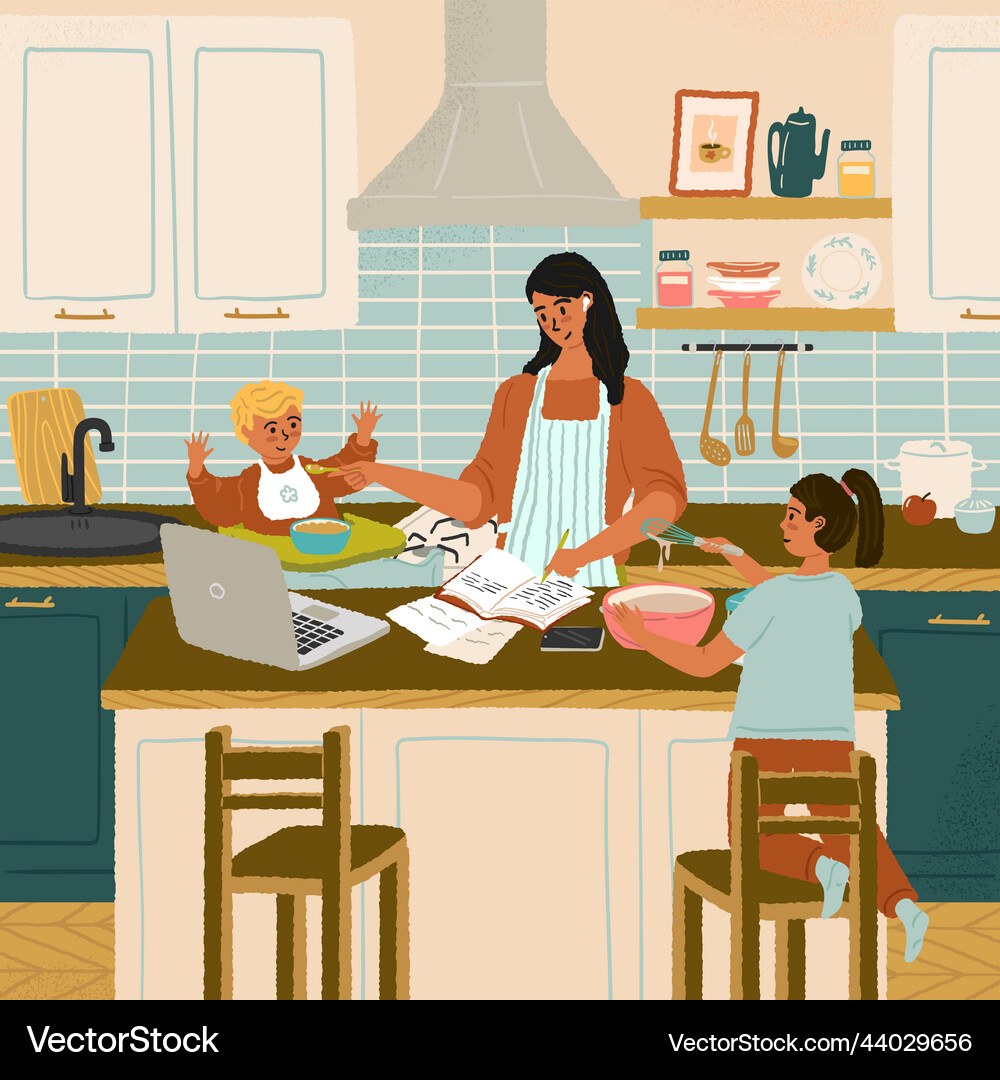 Busy mother with child work and study at home Vector Image