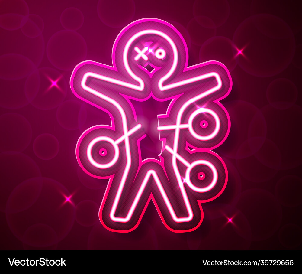 Glowing neon line voodoo doll icon isolated on red