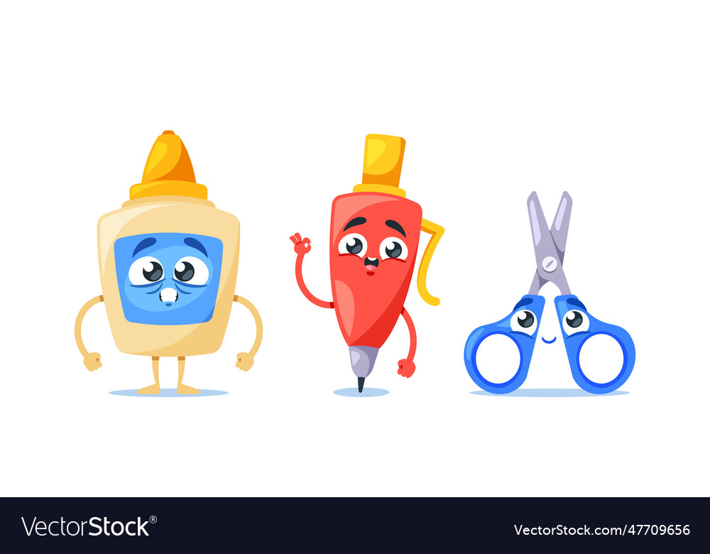 Glue bottle pen and scissors cheerful school item Vector Image