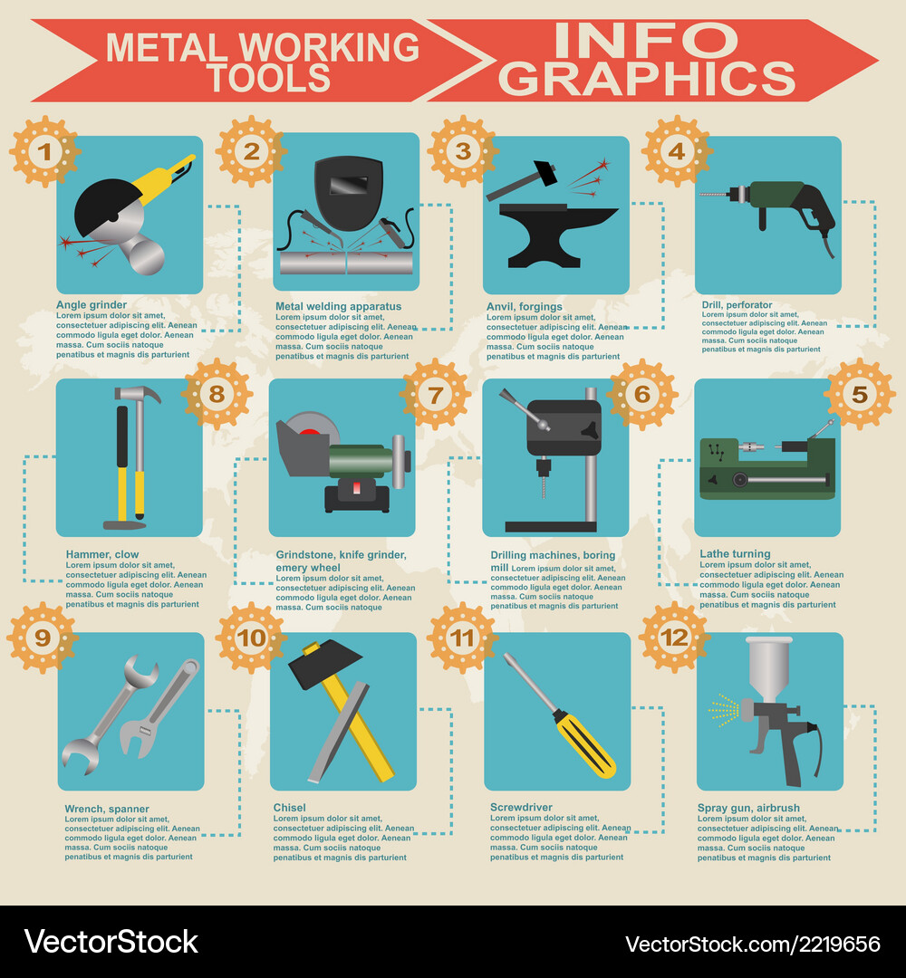 Set of metal working tools infographics Royalty Free Vector