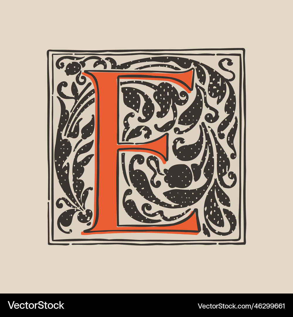 E letter drop cap logo in medieval engraving Vector Image