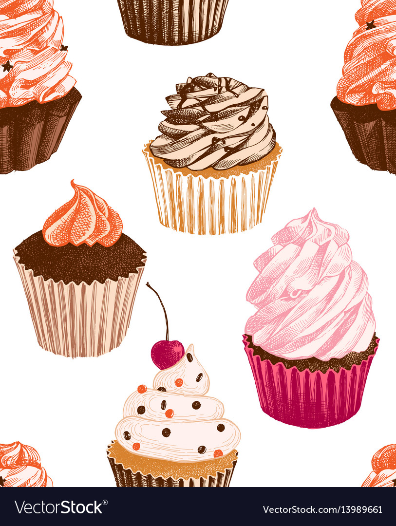 Seamless pattern with hand drawn cupcakes Vector Image