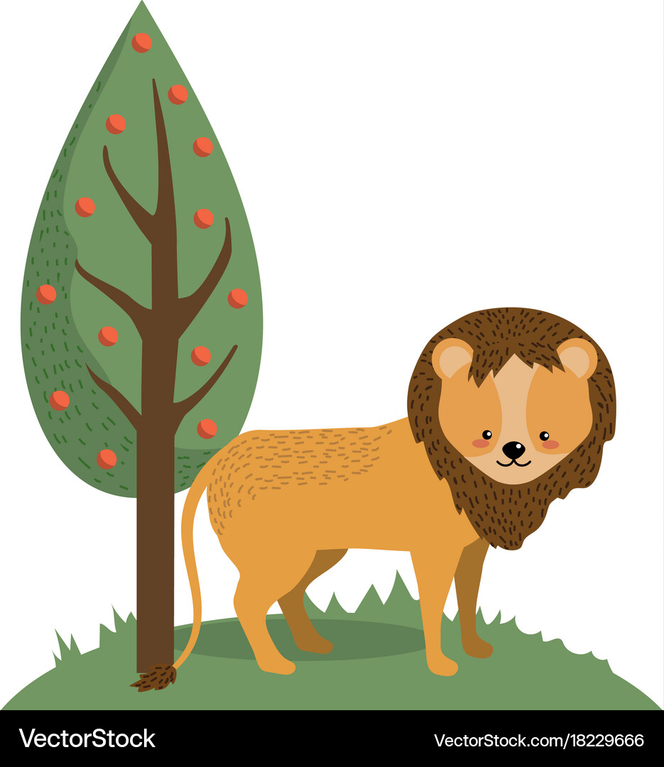 Cute lion wild animal next to tree Royalty Free Vector Image