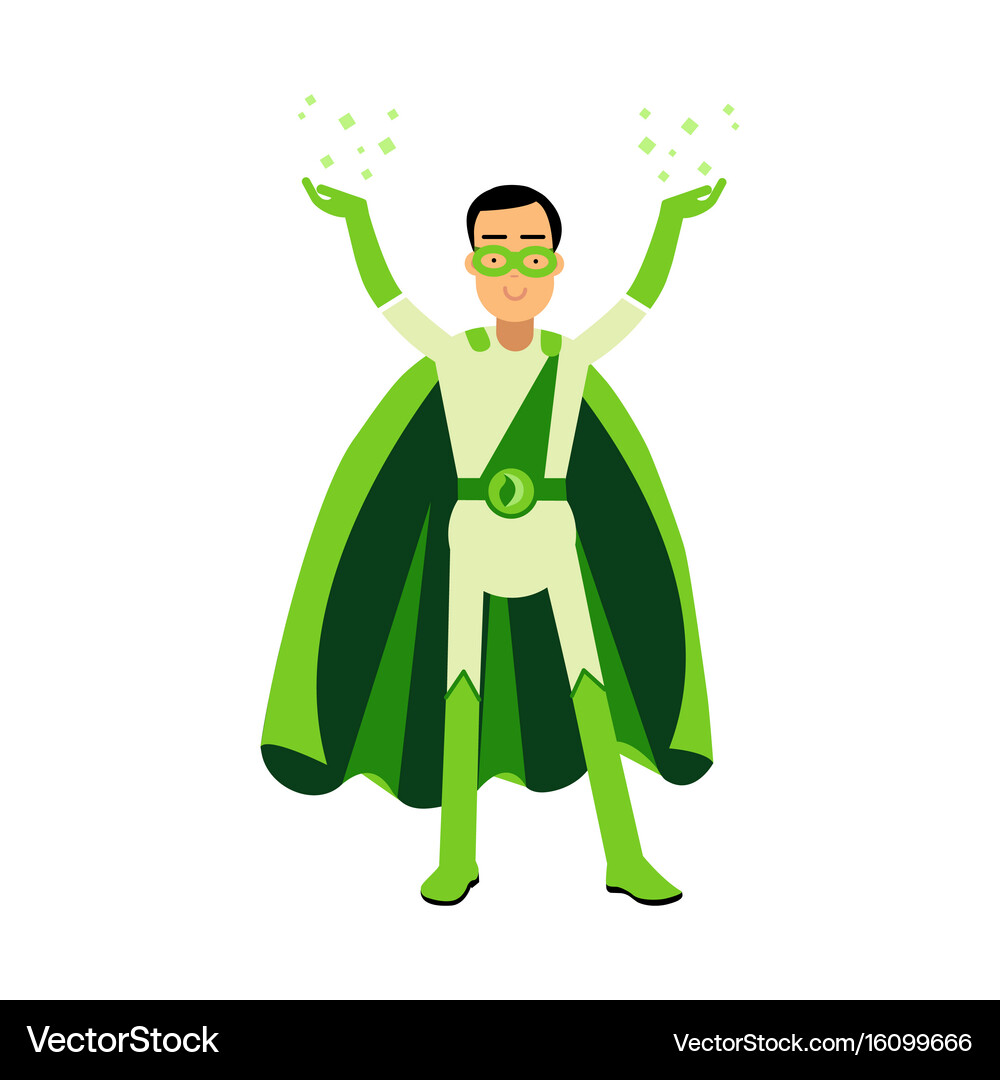 Ecological green superhero man standing with his Vector Image