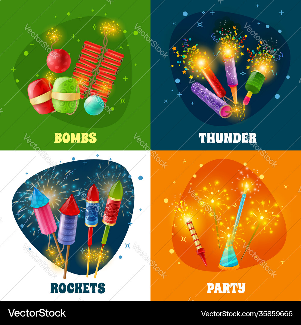 Firework crackers rockets 4 icons square Vector Image