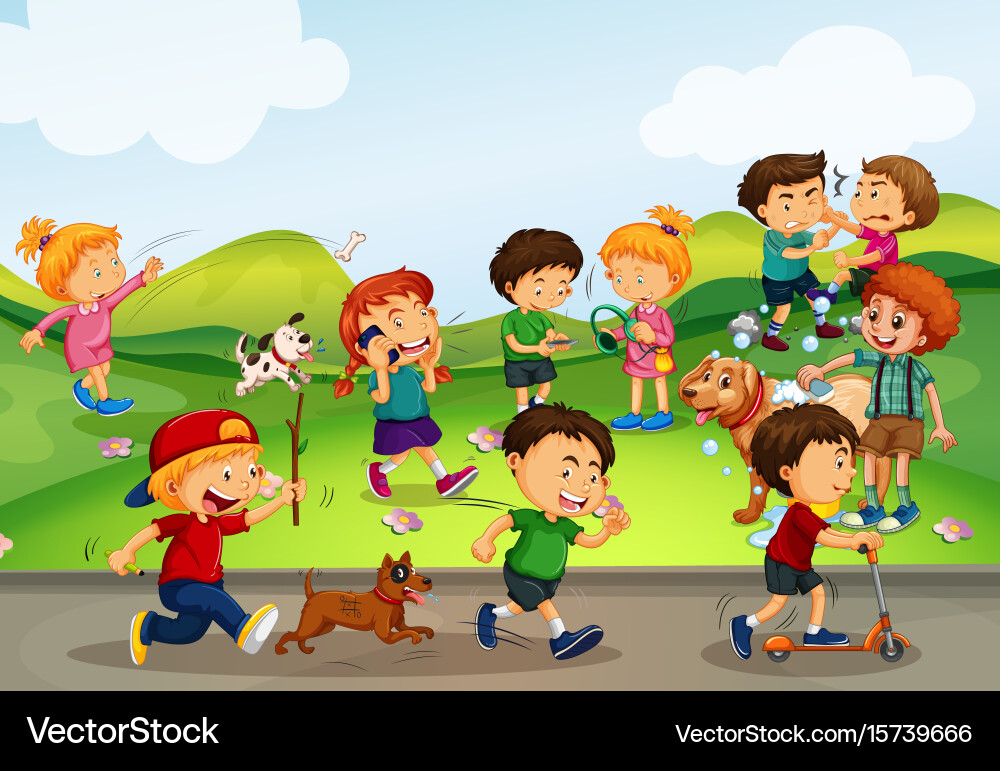Many kids playing in the field Royalty Free Vector Image