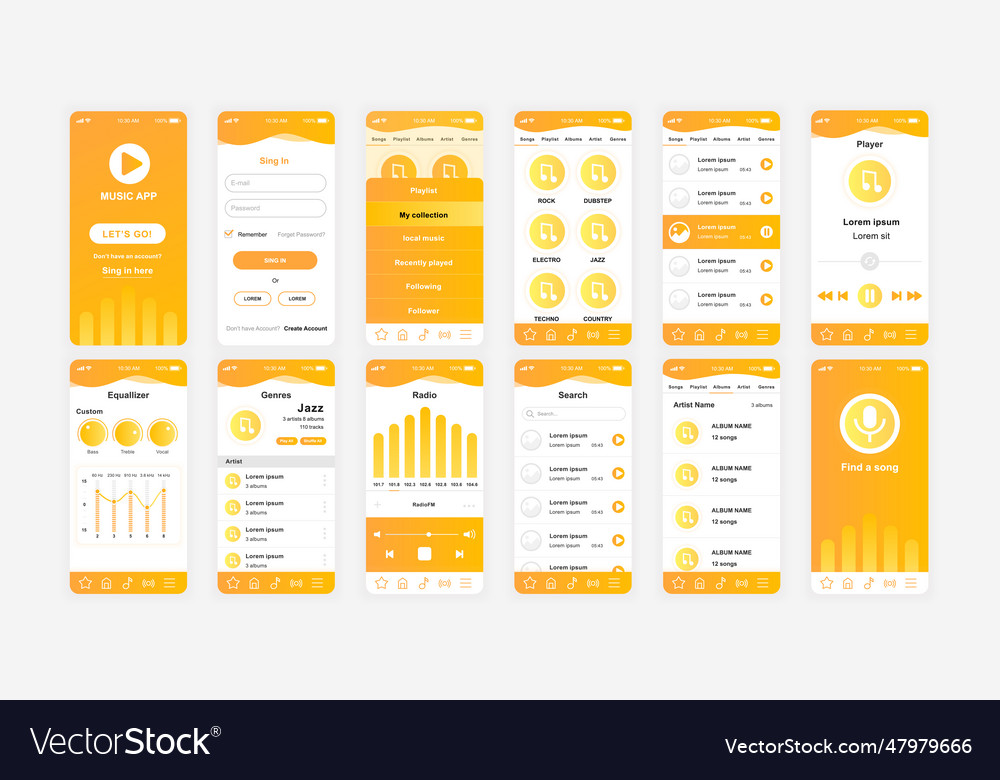 Set of ui ux gui screens music app flat design Vector Image Set of ui ux gui screens music app flat design Vector Image