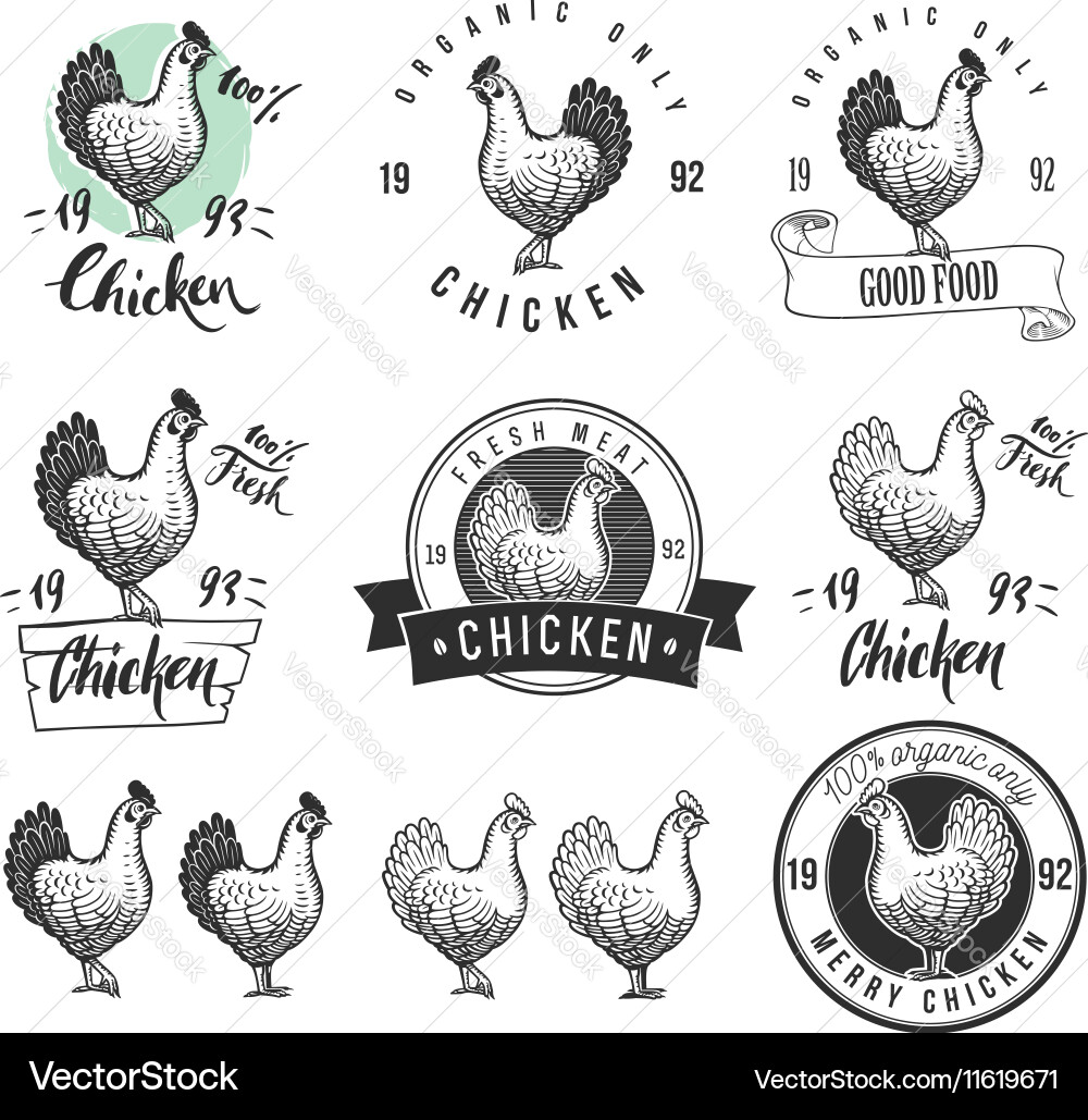 Chicken product logotypes set hen meat and eggs Vector Image