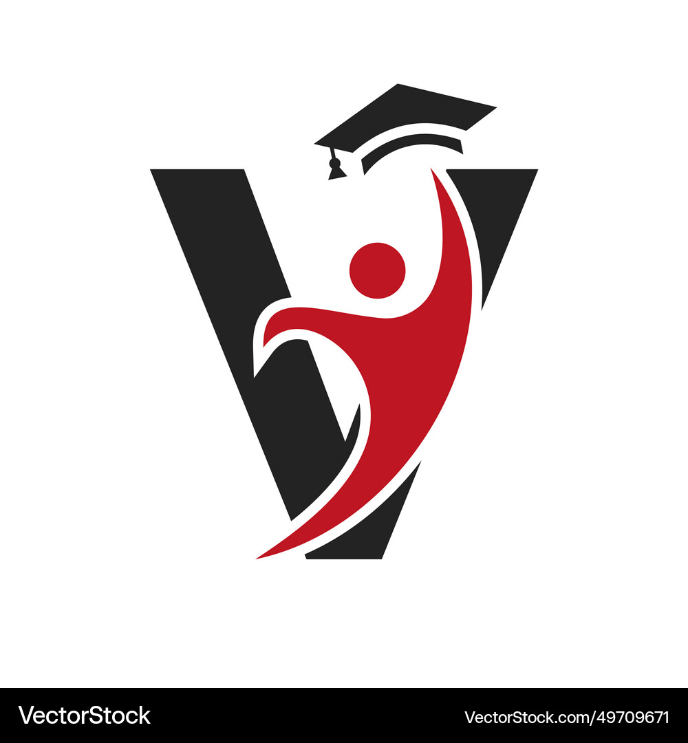 Education logo on letter v with graduation hat Vector Image