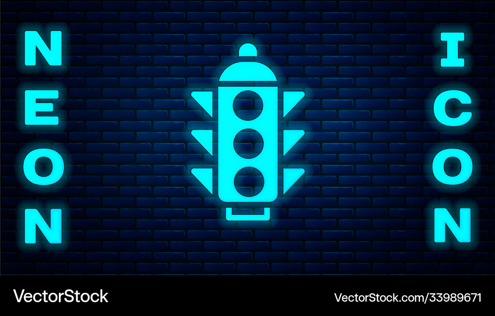 Glowing neon traffic light icon isolated on brick Vector Image